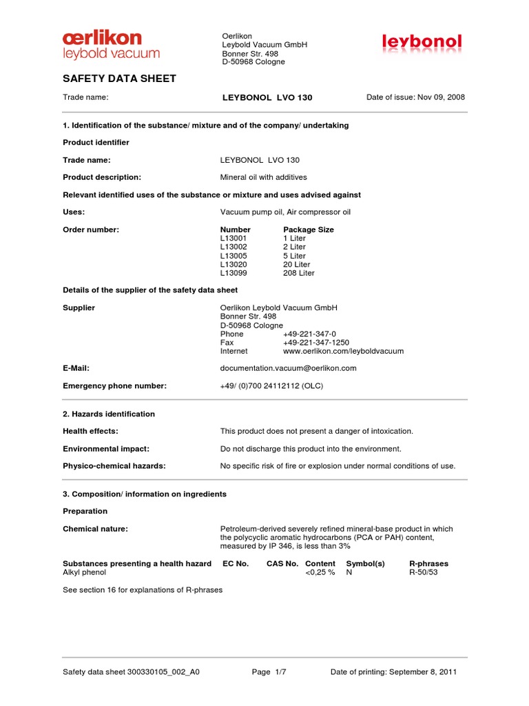 Oerlikon Leybold Vacuum GmbH Safety Data Sheet for LEYBONOL LVO 130 ...