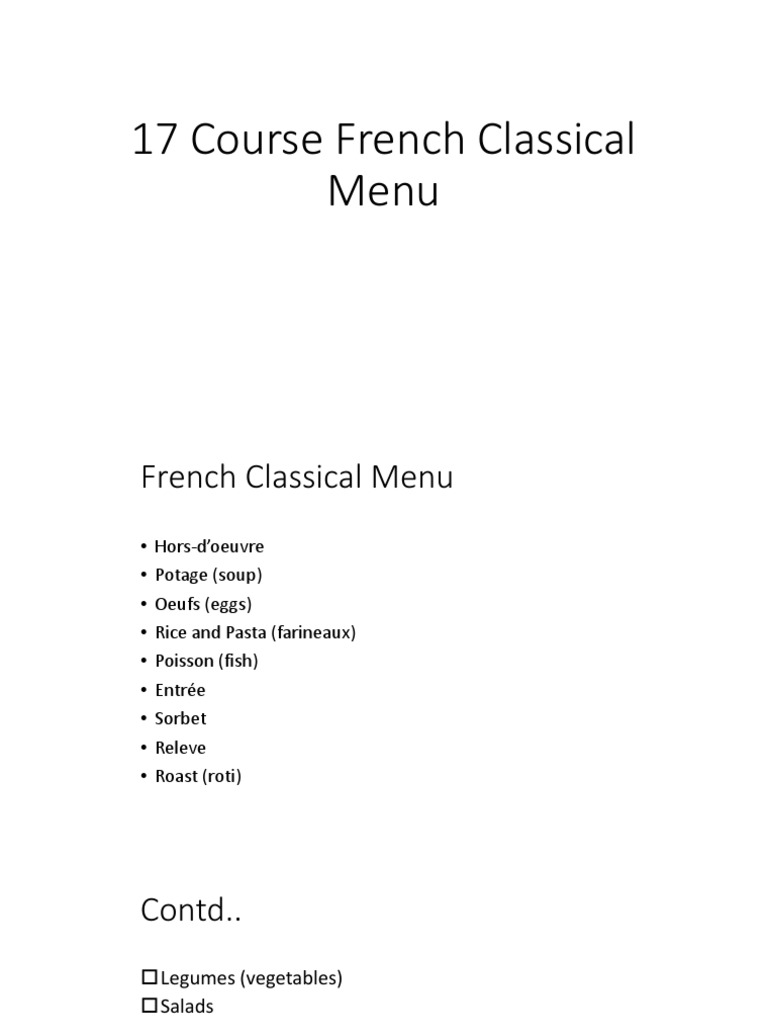 17 Course French Classical Menu | PDF | Entrée | Salad