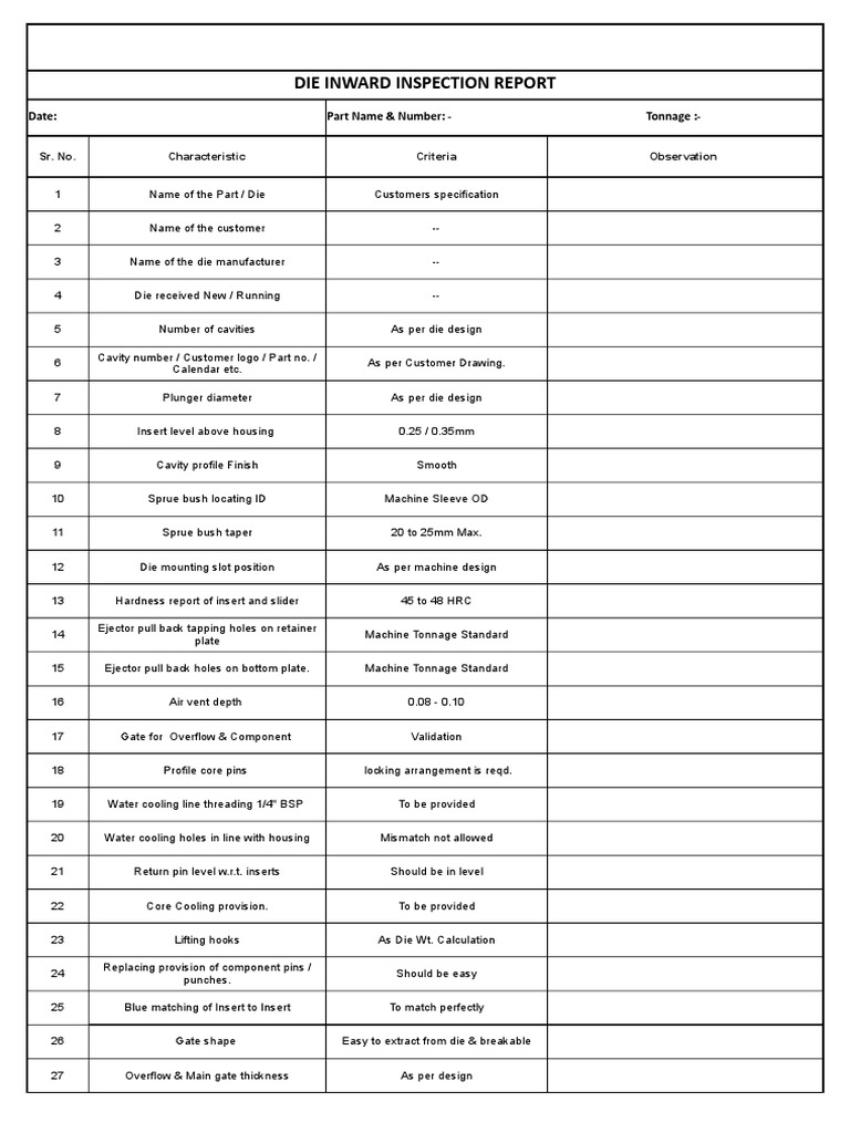Die Inward Inspection Report Template | PDF | Manufactured Goods ...