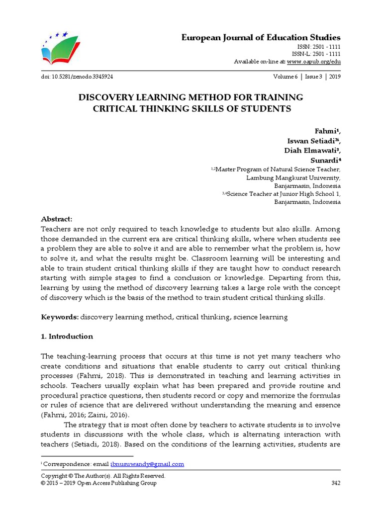 Discovery Learning Method For Training Critical Thinking Skills of ...