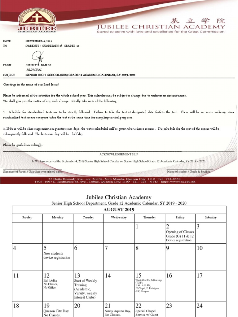 SHS Grade 12 Academic Calendar 2019-2020 | PDF | Academic Term | Schools