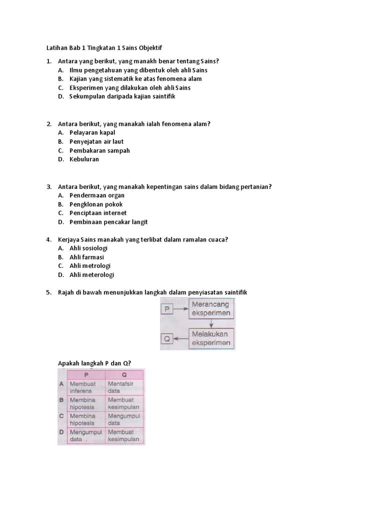Latihan Bab 1 Tingkatan 1 Sains Objektif | PDF