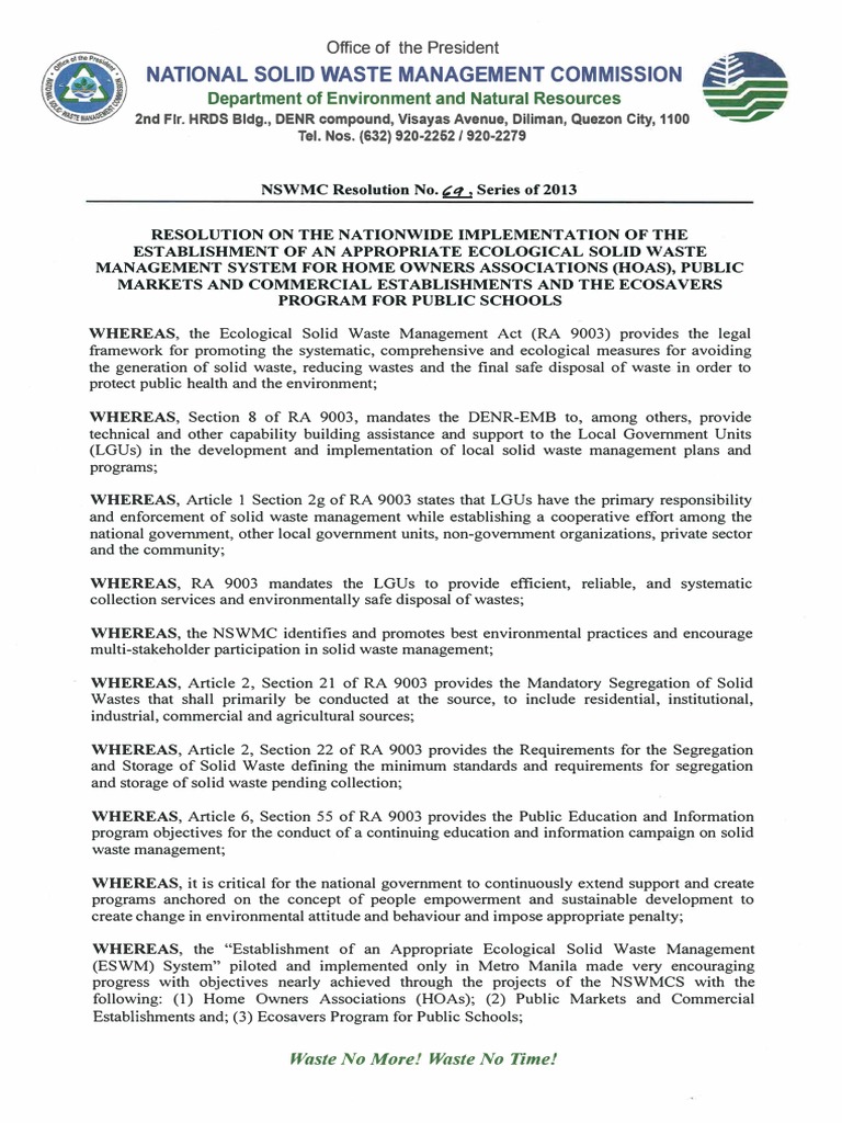 NSWMC Resolution No. 69, S. 2013 | PDF | Waste Management | Municipal ...