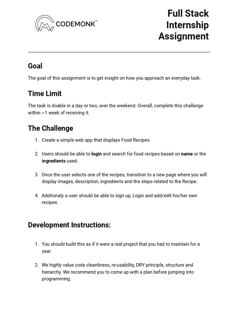 Full Stack Internship Developer Assignment | Download Free PDF | Java Script | Computer Engineering
