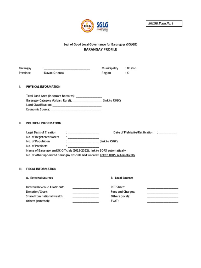 SGLGB Form 1 Barangay Profile | PDF | Drinking Water | Tap Water