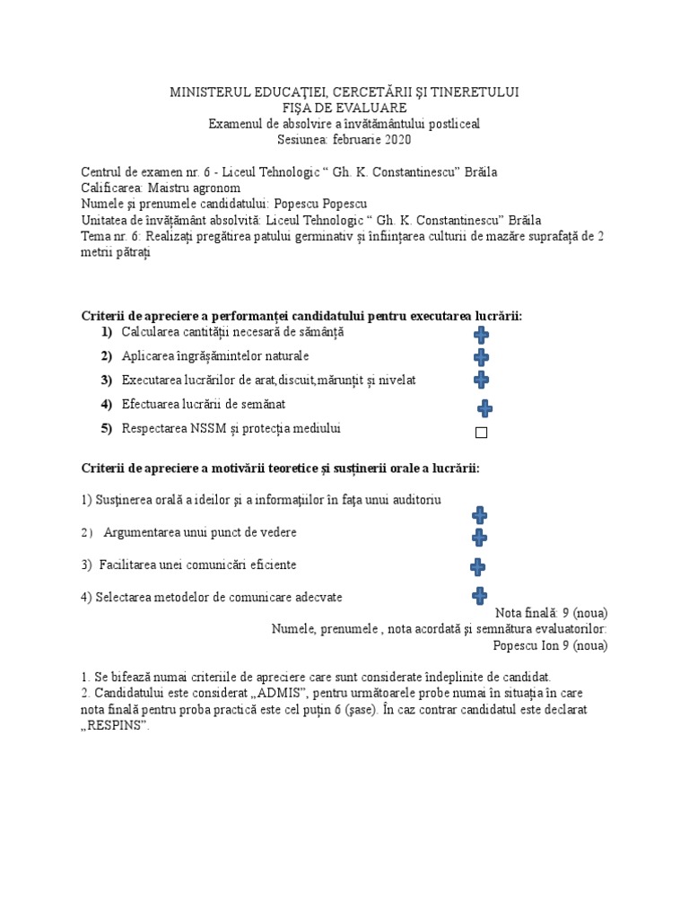 Fisa Evaluare Proba Practica de | PDF