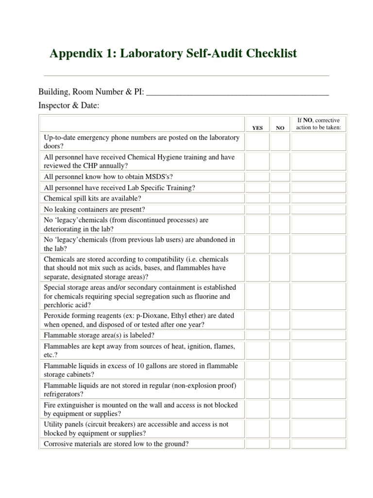 Laboratory Self-Audit Checklist | PDF | Laboratories | Safety