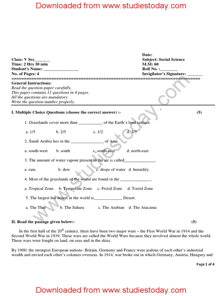 CBSE Class 5 Social Science Question Paper Set E | PDF | United Nations | International Relations