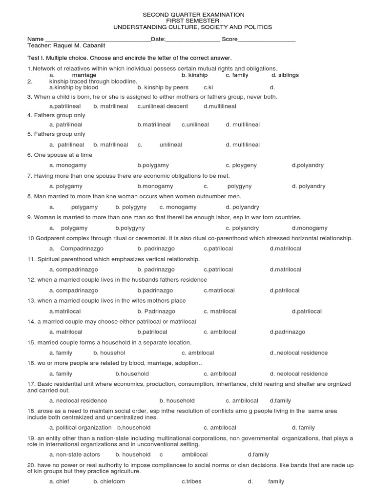 Exam Ucsp Final | PDF | Kinship | Marriage