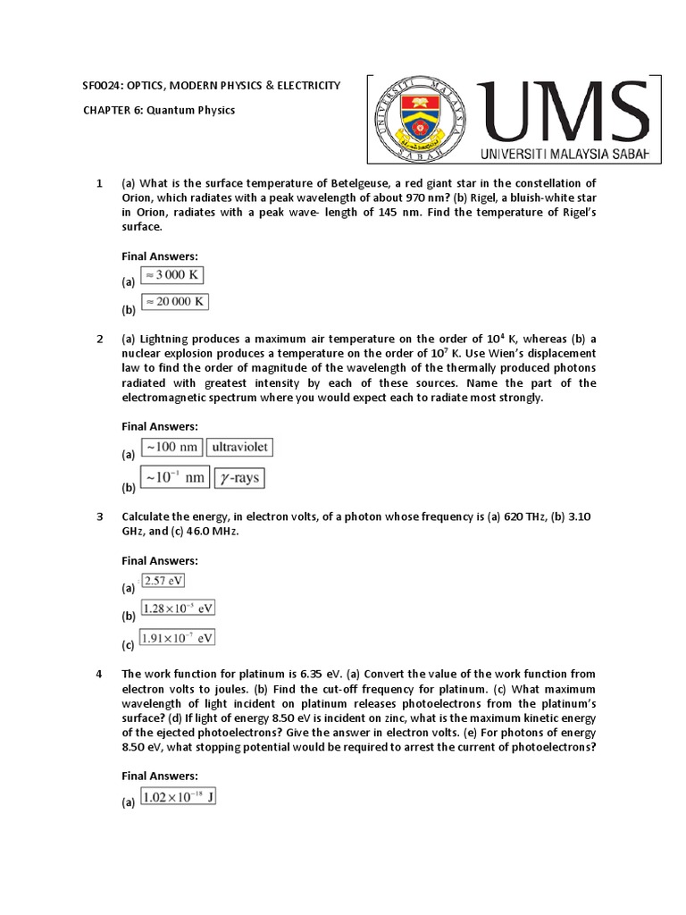 Chapter 6 Quantum Physics Student | PDF | Photoelectric Effect | Electronvolt