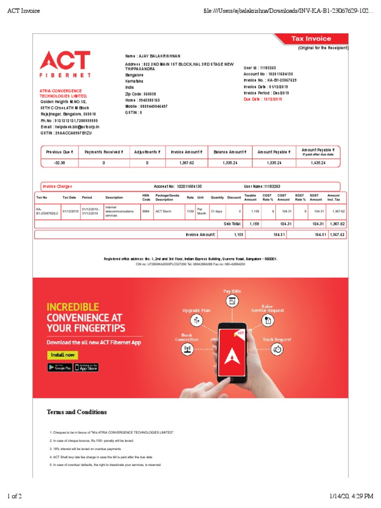 ACT Invoice - December - 2019 | PDF | Invoice | Cheque