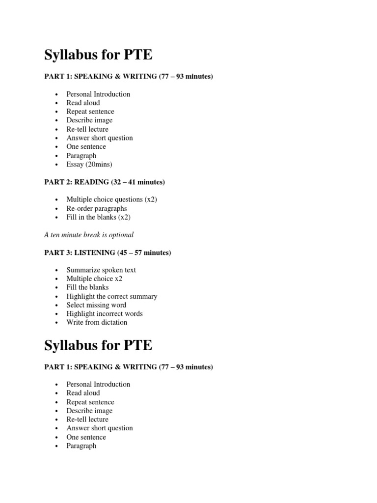 PTE Syllabus Sections for Speaking, Reading & Listening | PDF ...
