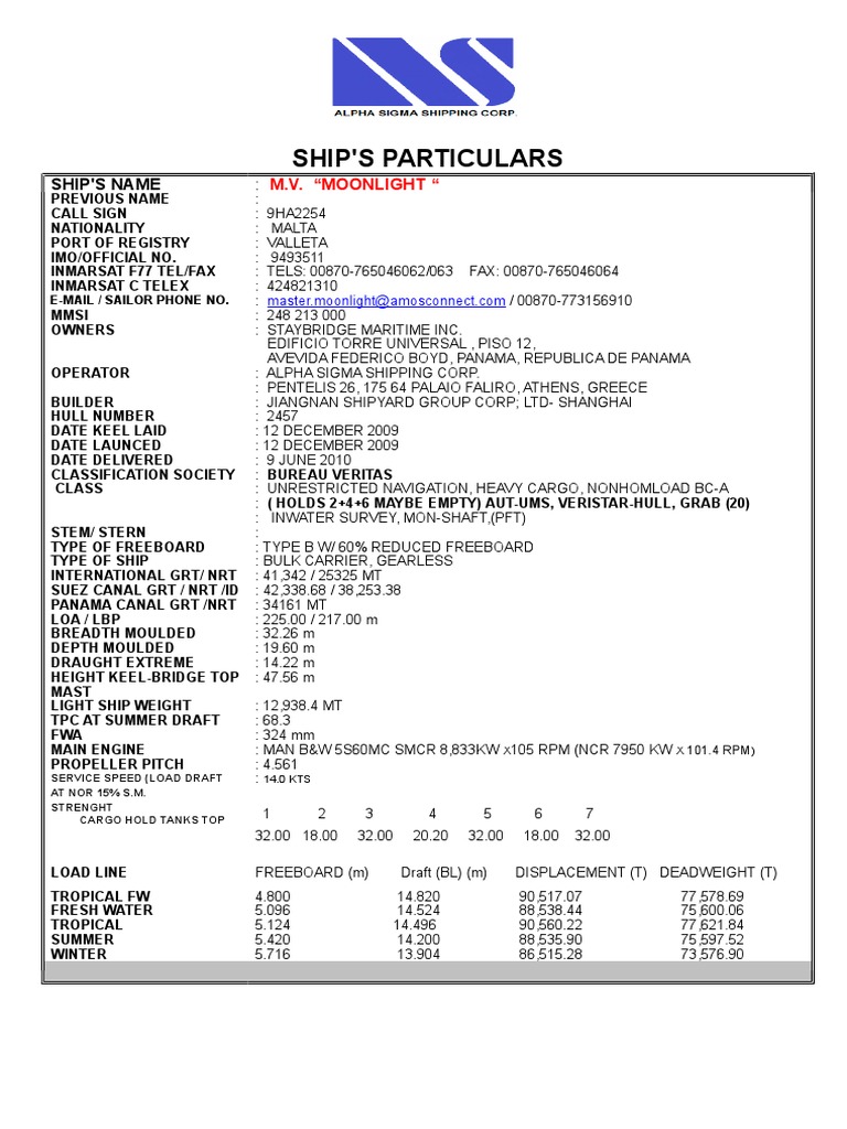 Ships Particulars MOONLIGHT | PDF | Tonnage | Ships