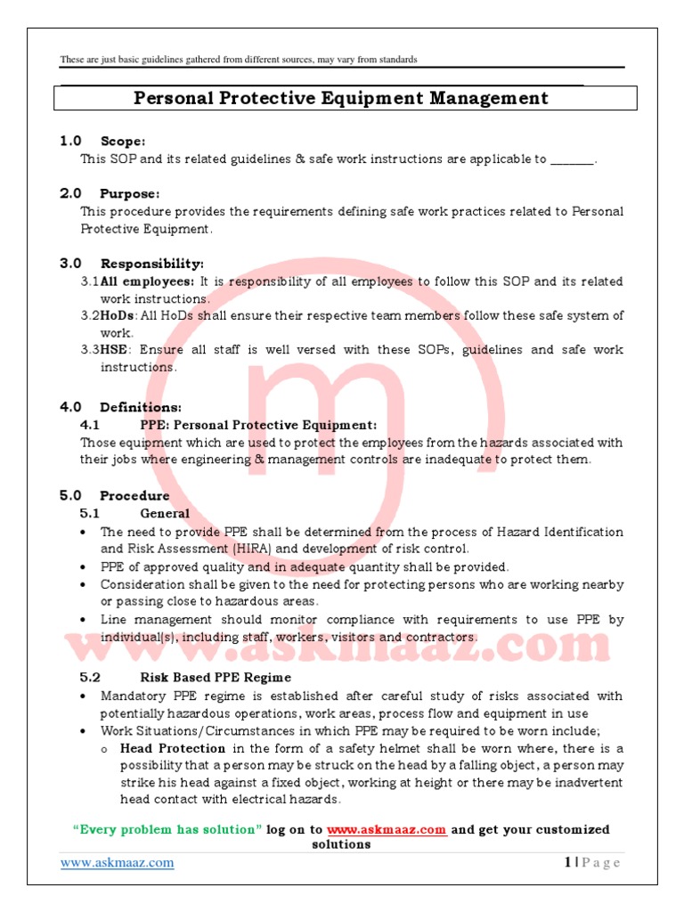 Sample SOP For PPEs Management | PDF | Personal Protective Equipment ...