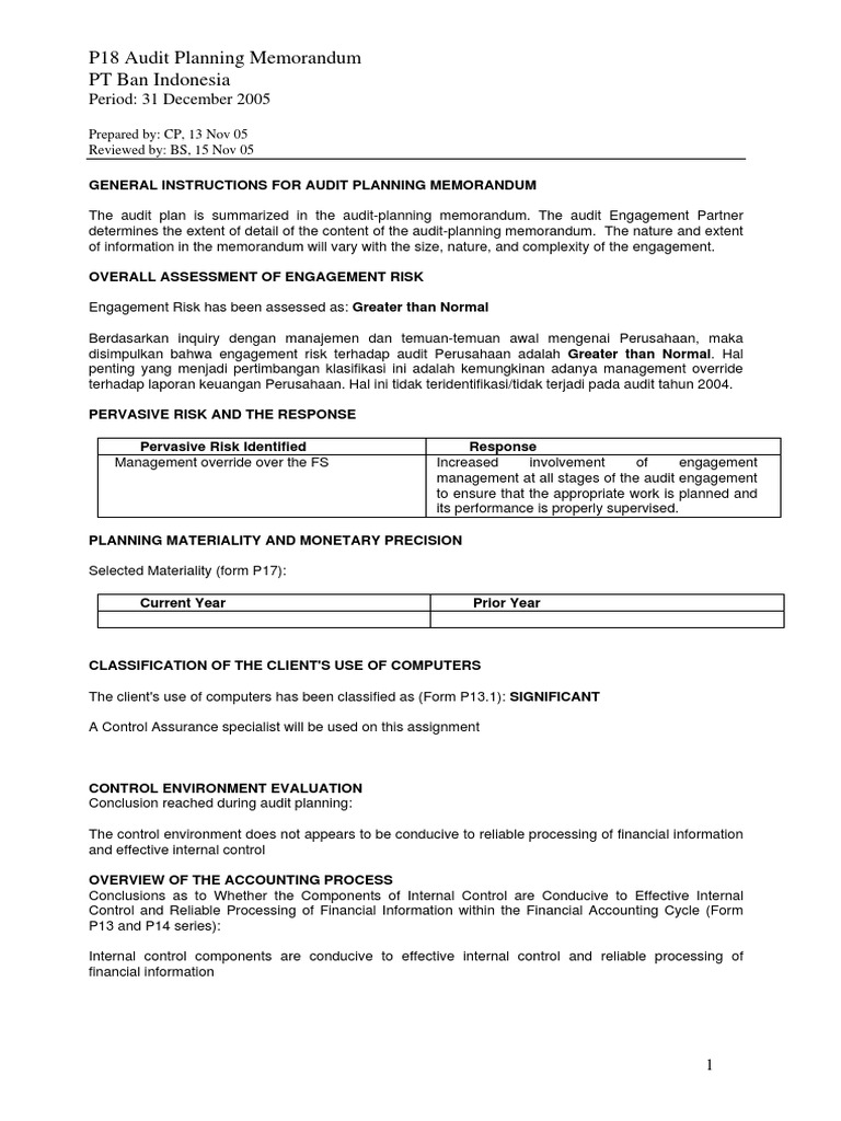 P18 Audit Planning Memorandum Overview | PDF | Internal Control | Business