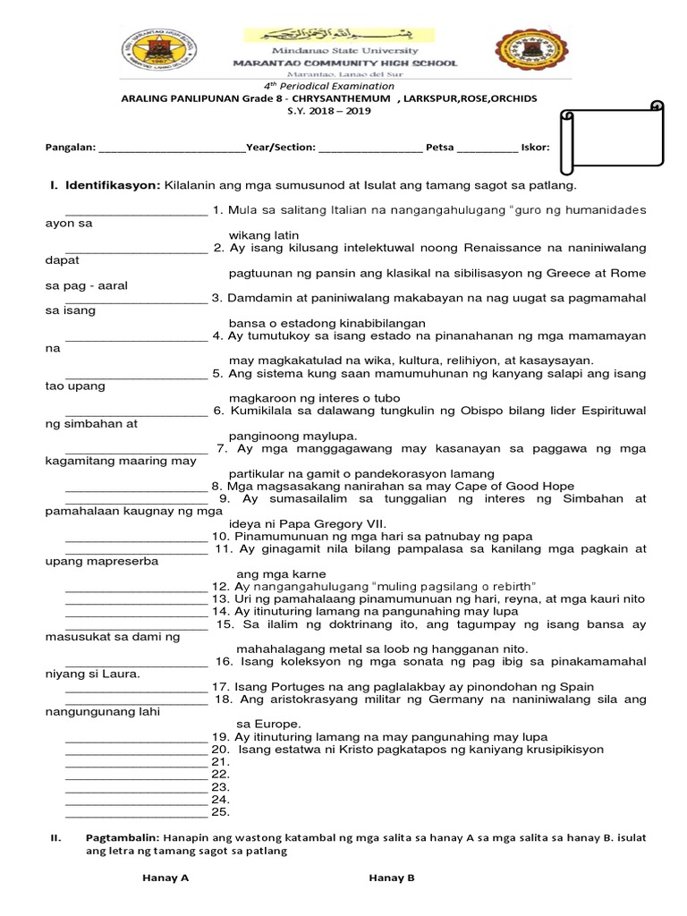 4th Periodical Exam 2019 | PDF
