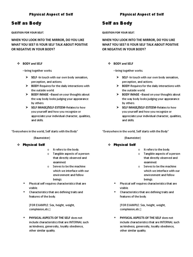 Physical Aspect of Self | PDF | Self | Body Image