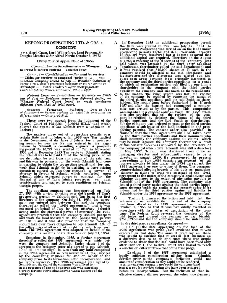 KEPONG PROSPECTING LTD & ORS V SCHMIDT | PDF | Judgment (Law ...