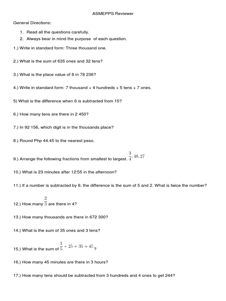 ASMEPPS Reviewer PDF | Download Free PDF | Numbers | Teaching Mathematics