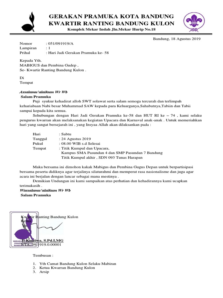 Surat Undangan Hari Jadi Gerakan Pramuka 582019 | PDF