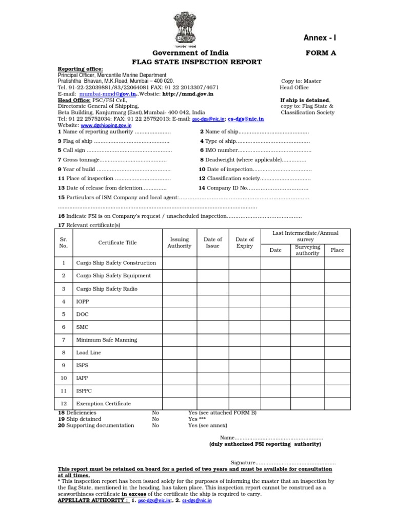 Flag State Inspection Report Template | PDF | Watercraft | Ships