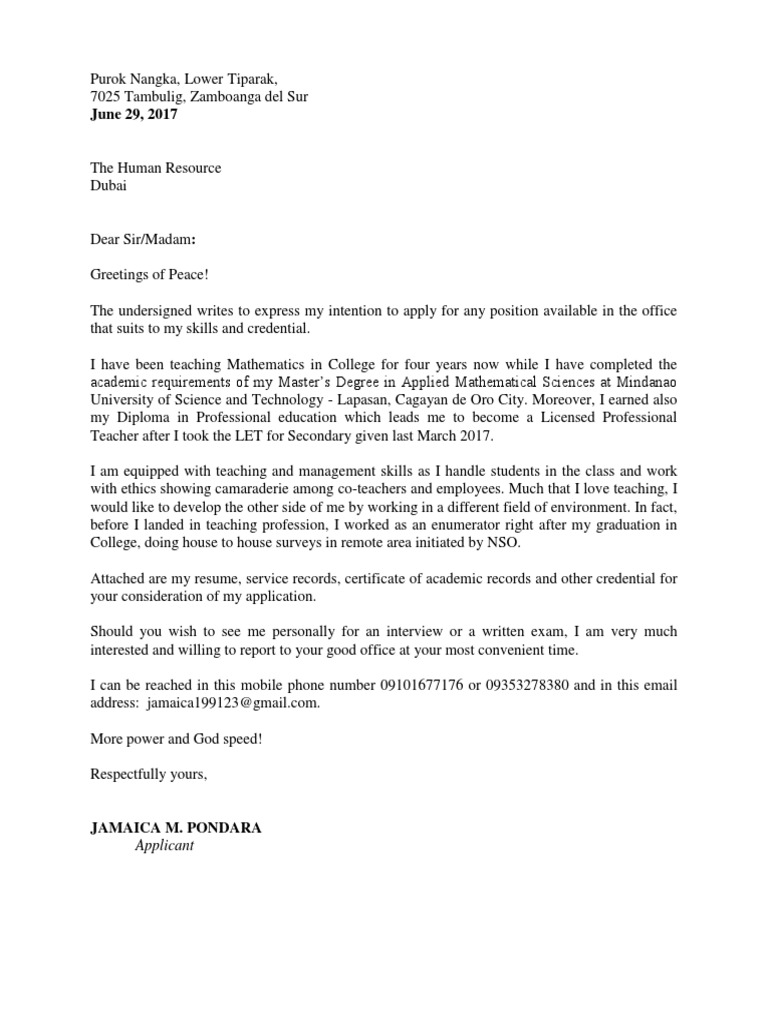 Application letter-HR Dubai | PDF | Mindanao | Educational Stages