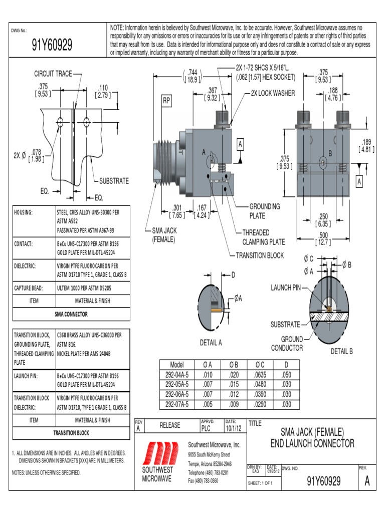 SMA Jack (Female) End Launch Connector: Technical Drawing and Material Specifications | PDF ...