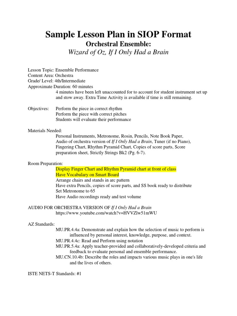Sample Lesson Plan in Siop Format | PDF | Viola | Violin
