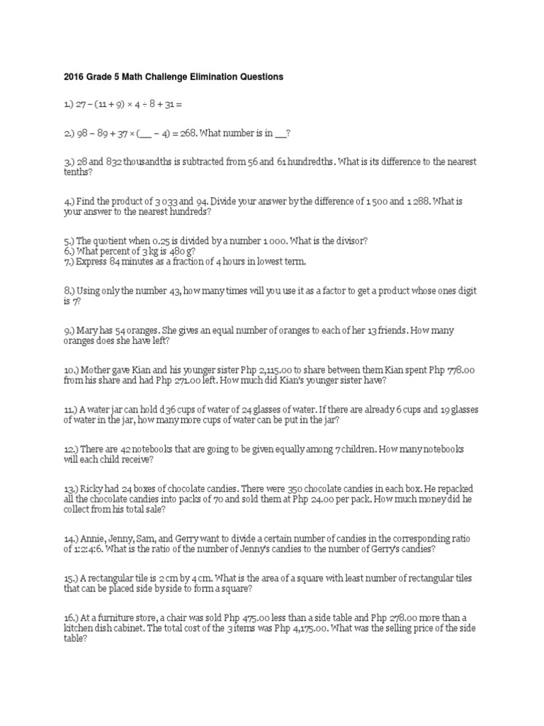 Grade 5 Math Challenge Questions | PDF | Numbers | Elementary Mathematics