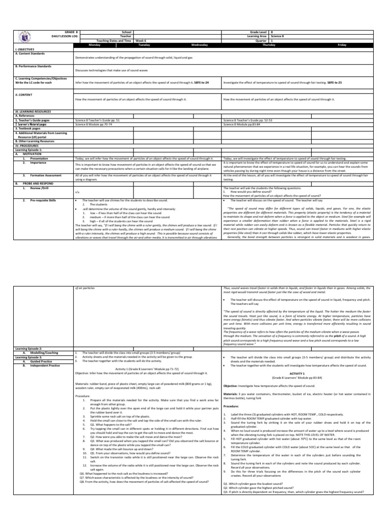 DLL Science 8 Q1 Week6 | PDF | Sound | Solid