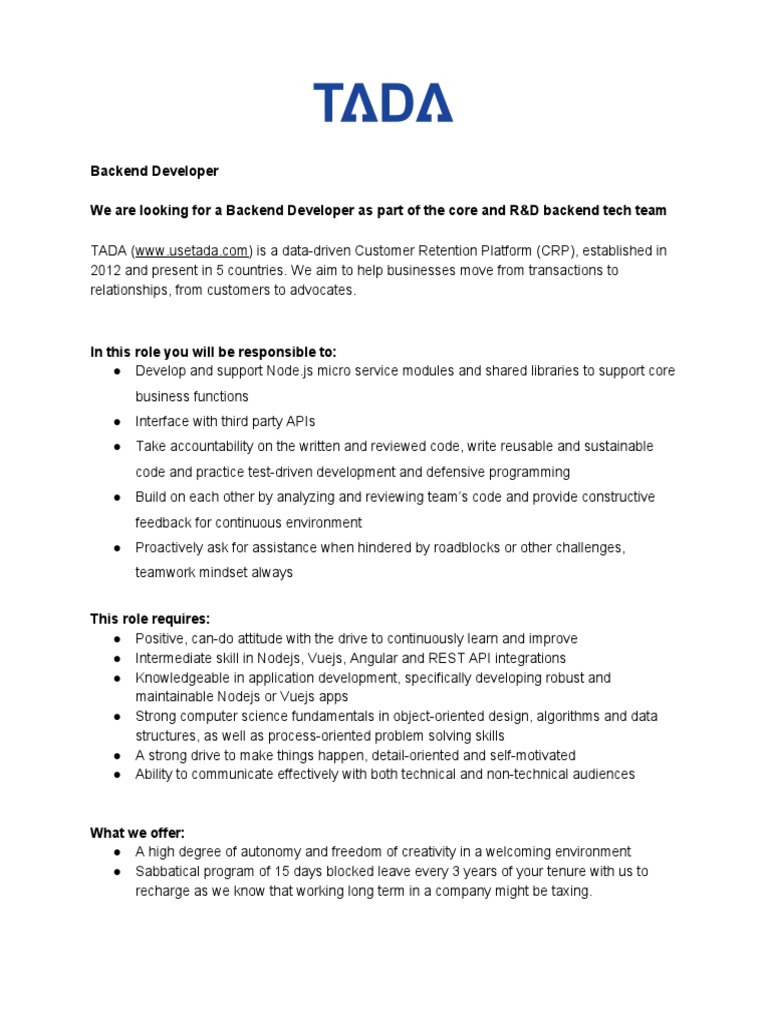 Backend Developer - JD PDF | PDF | Application Programming Interface | Computing