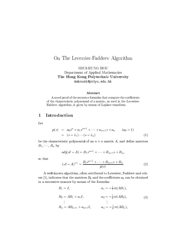 On The Leverrier-Faddeev Algorithm | PDF | Matrix (Mathematics) | Linear Algebra