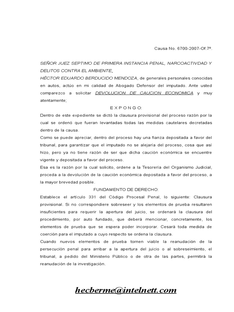 Memorial de Devolucion de Caucion | PDF | Mandato | Ley común