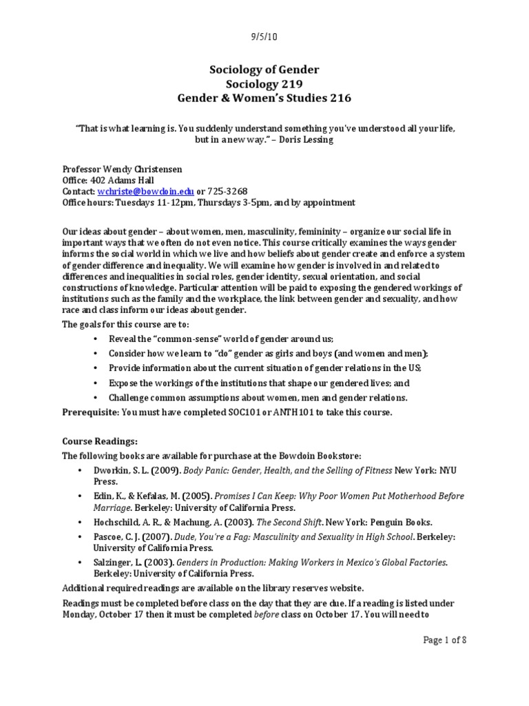Sociology of Gender Syllabus | PDF | Gender | Gender Studies