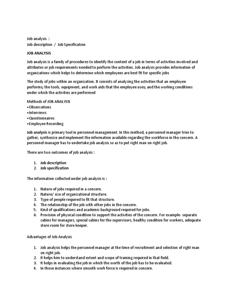 Job Analysis Job Description and Job Specification | PDF | Employment ...