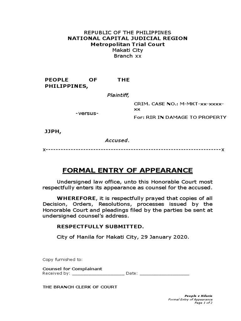 Formal Entry of Appearance | PDF | Law | Politics