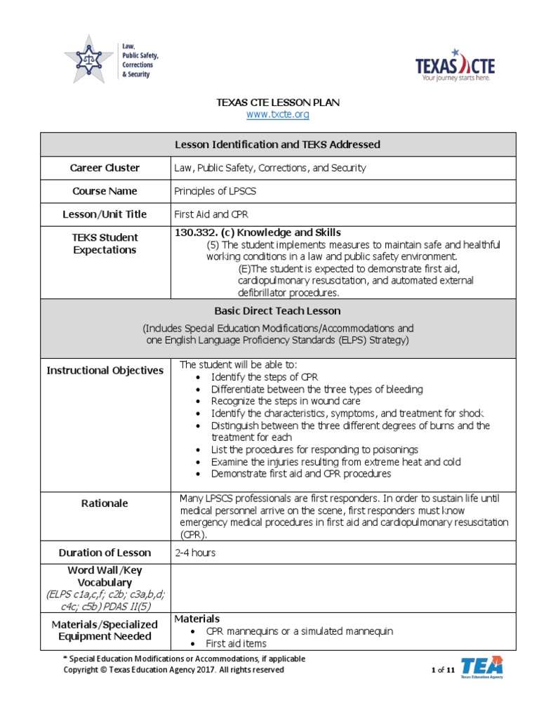 Lesson Plan First Aid and CPR - 0 | PDF | Burn | Wound