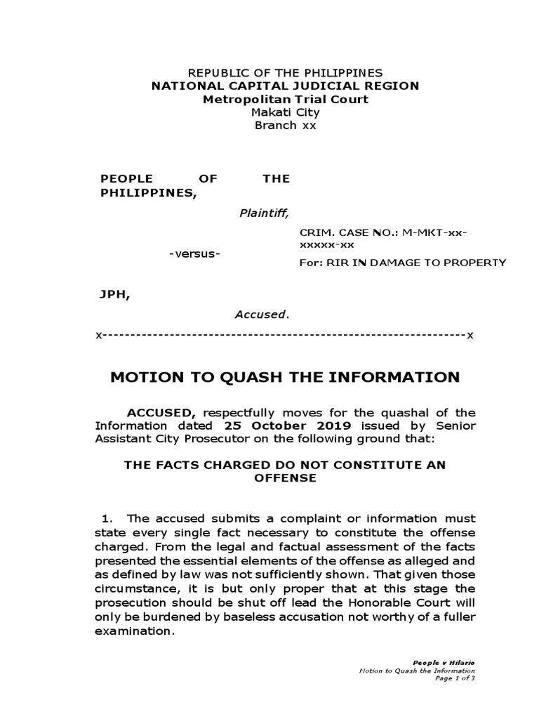 MOTION TO QUASH THE INFORMATION of RIR | PDF | Prosecutor | Complaint