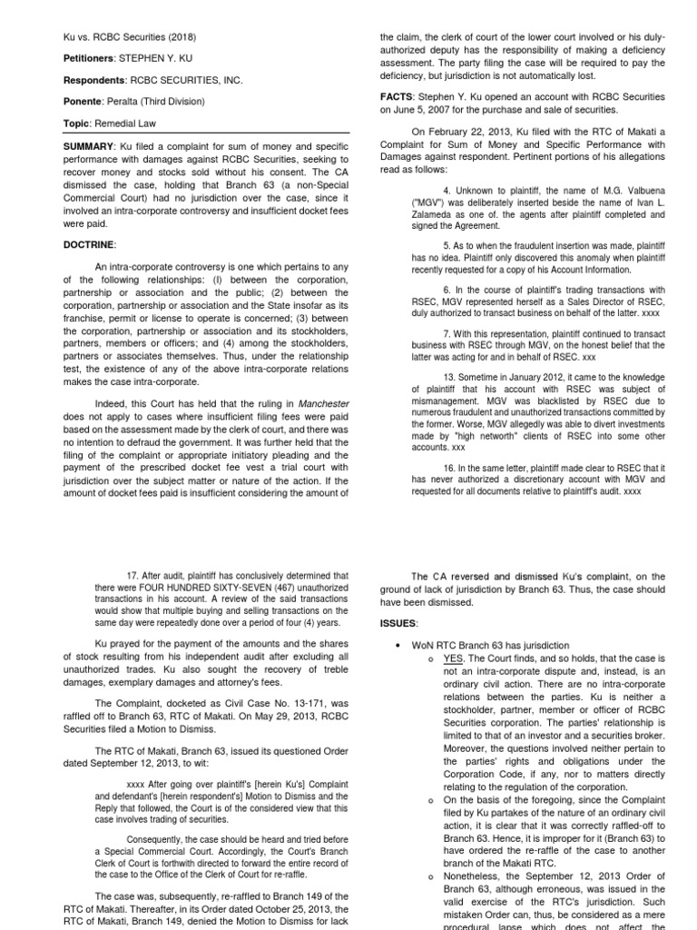 Ku-vs-RCBC-Securities-Digest | PDF | Complaint | Lawsuit