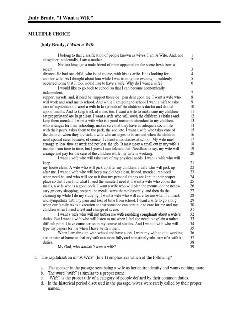 23 Judy Brady I Want A Wife Test PDF | PDF | Wife | Question