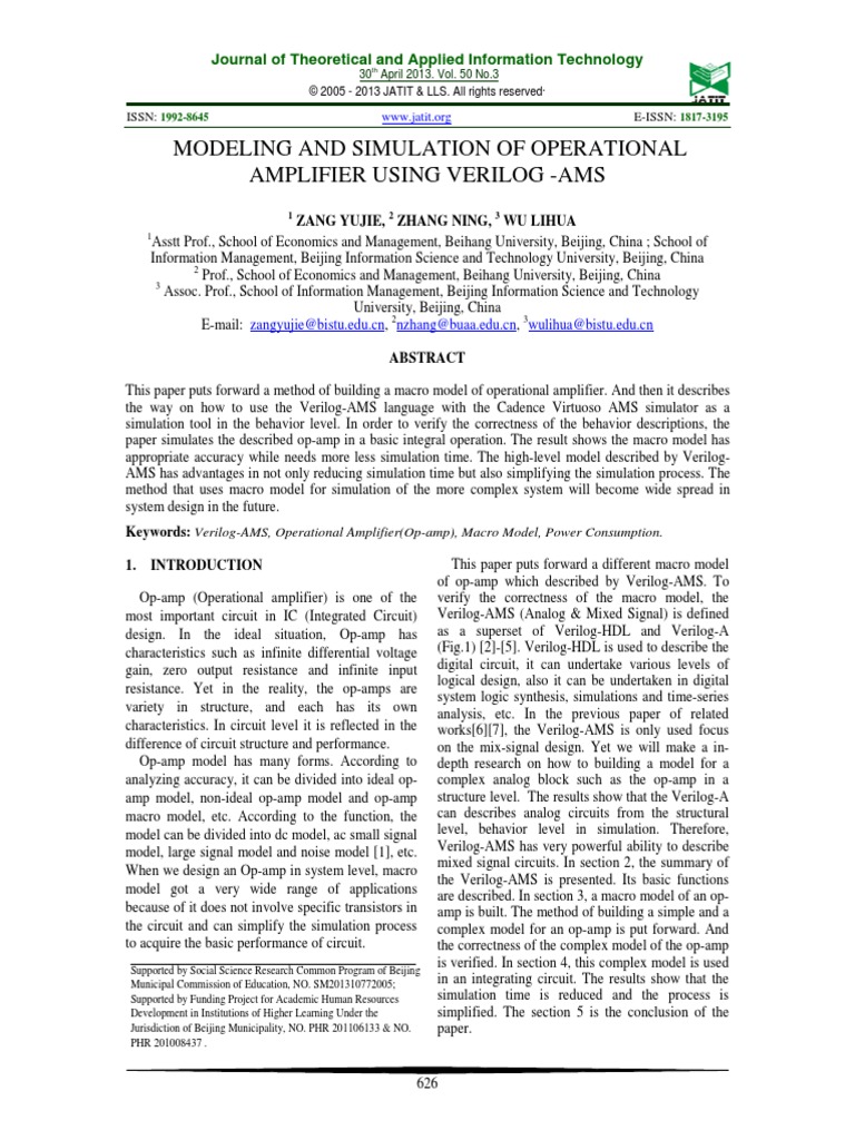 Modeling And Simulation Of Operational Amplifier Using Verilog Ams Pdf Operational
