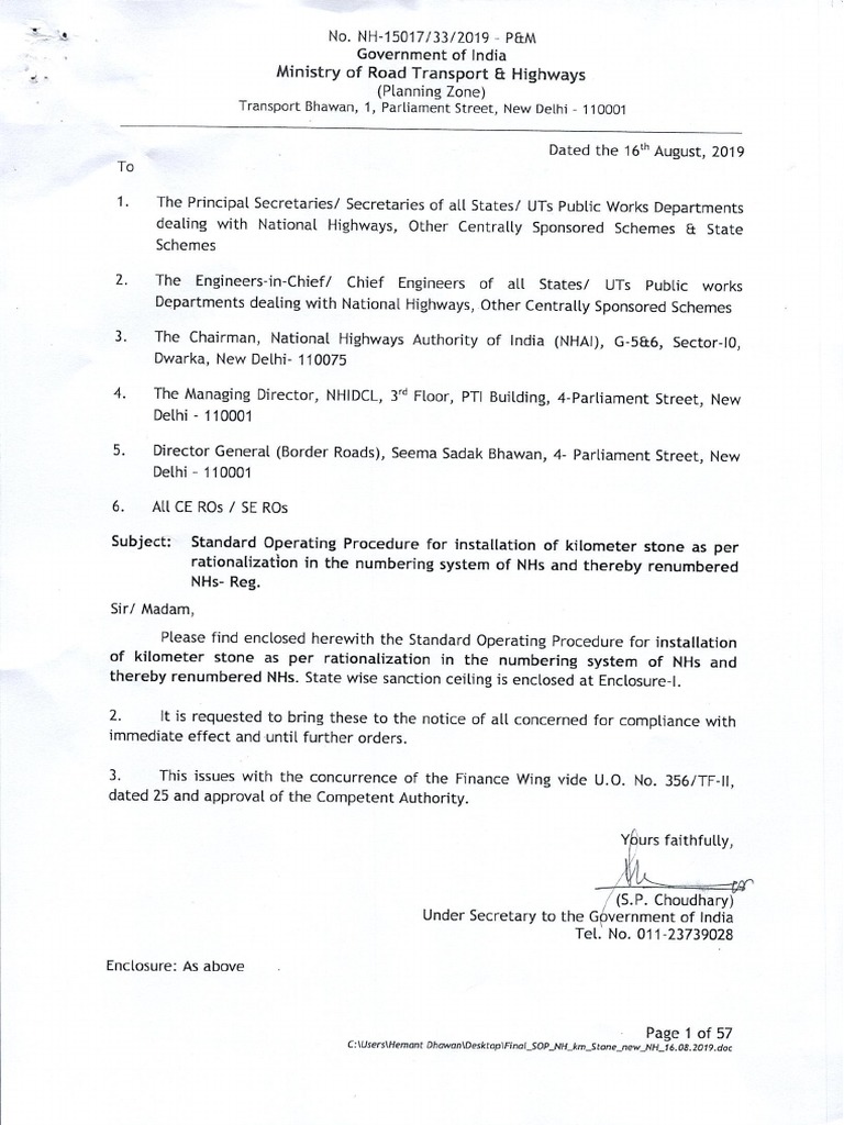 Final SOP NH KM Stone New NH 16.08.2019 | PDF | Streets And Roads ...