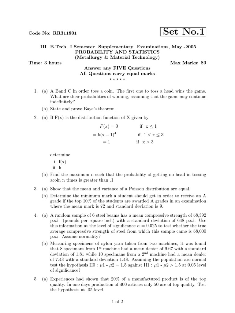 Probability and Statistics Exam Questions | PDF | Standard Deviation ...