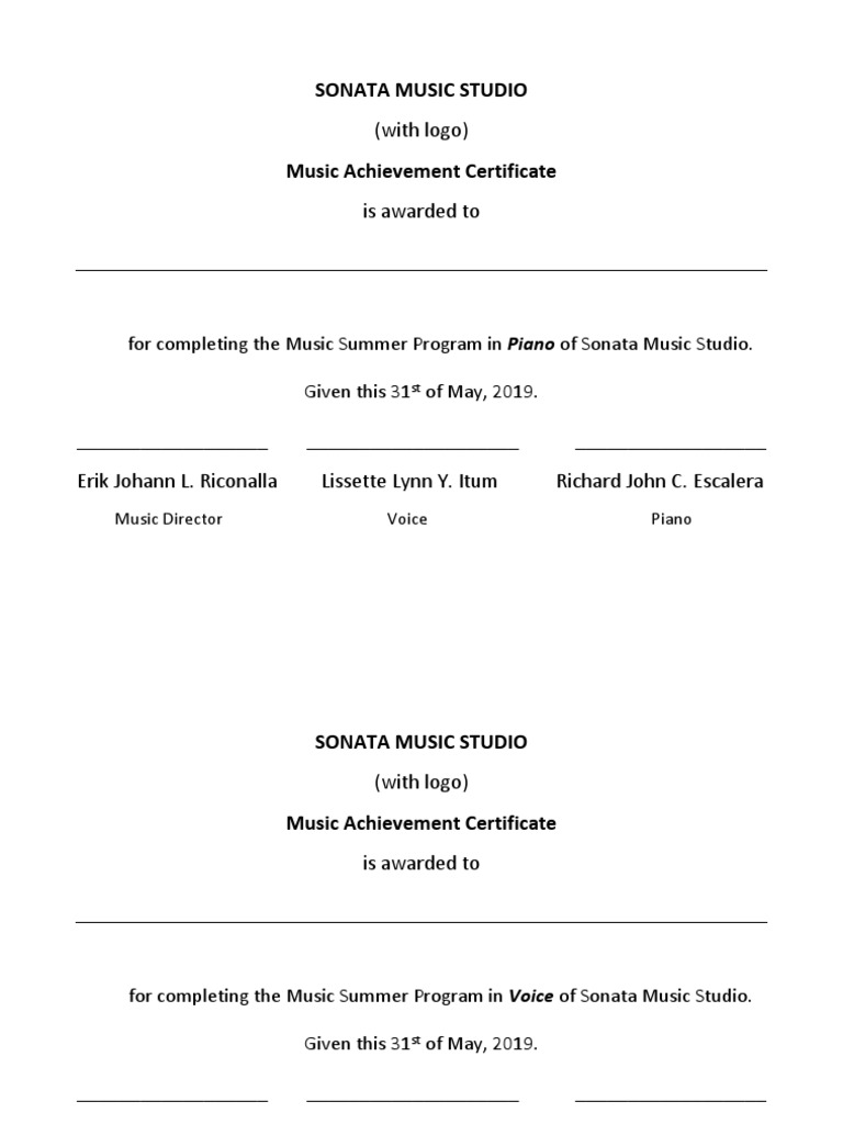 Sonata Music Studio Certificates 1 | PDF | Performing Arts | Sound