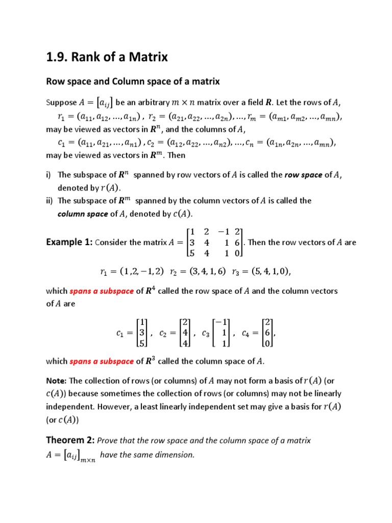 1.9.rank of A Matrix | PDF | Linear Subspace | Vector Space
