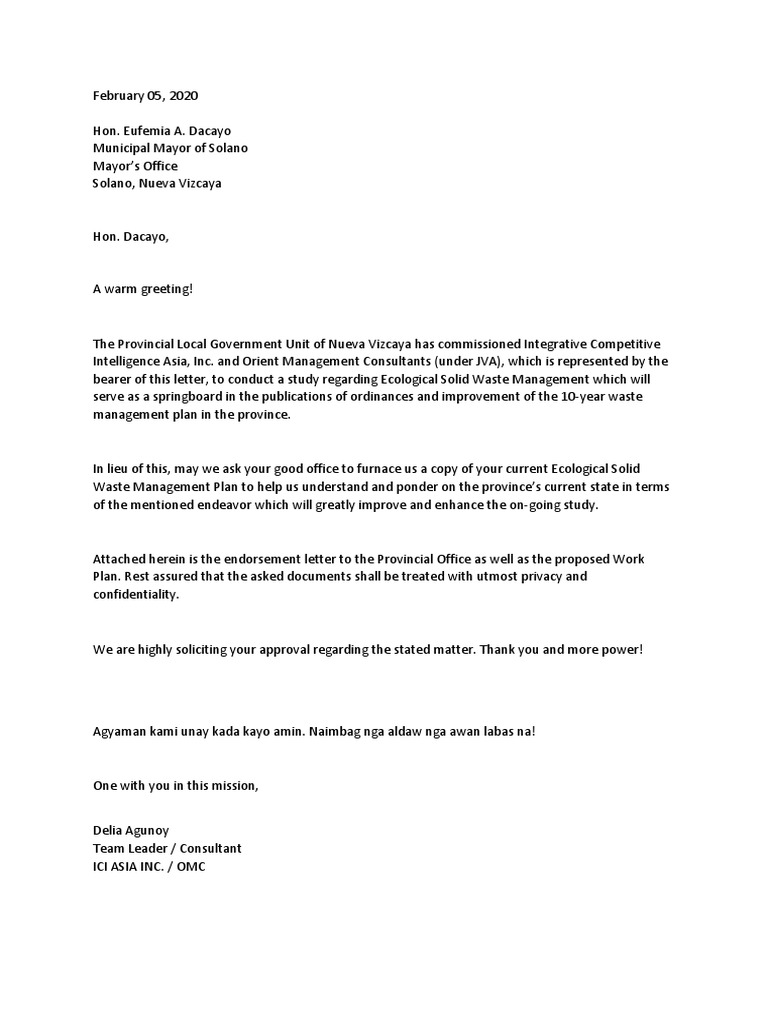 Letter of Request For ESWM Plan | PDF | Local Government | Government