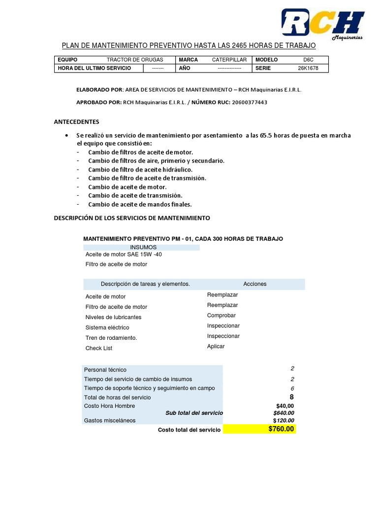 Plan de Mantenimiento - Tractor D6C | PDF | Aceite de motor | Vehículos