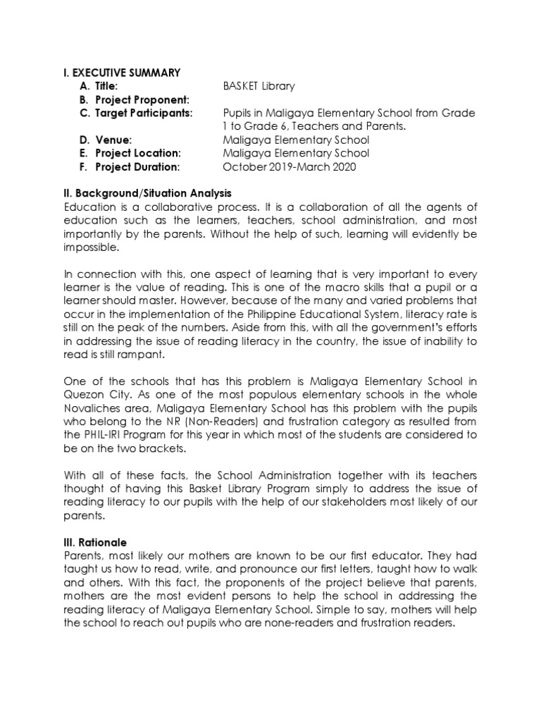 Basket Program - Project Proposal | PDF | Literacy | Teachers