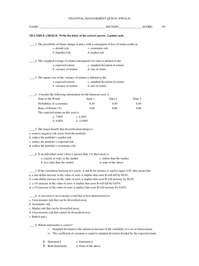 Risk and Return Quiz Answers | PDF | Financial Risk | Beta (Finance)