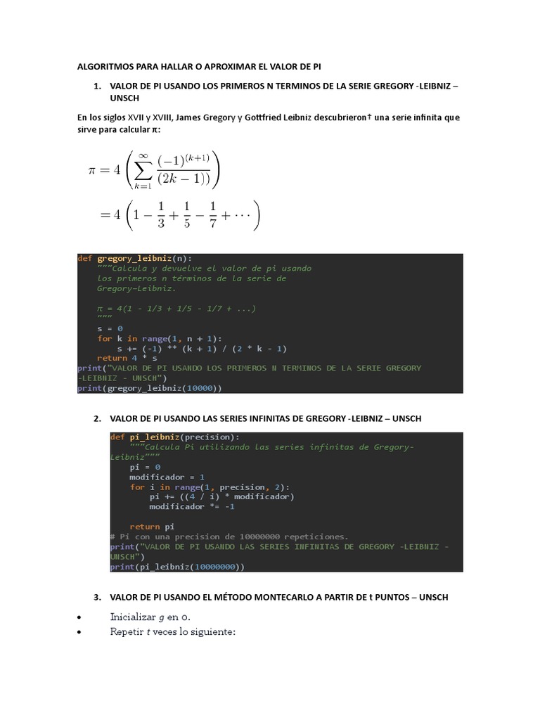 Algoritmos para Hallar o Aproximar El Valor de Pi | PDF | Pi | Método ...